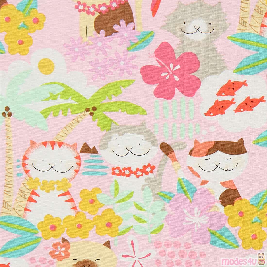 Alexander Henry Hawaiian cats fabric in pink with tropical hibiscus ...
