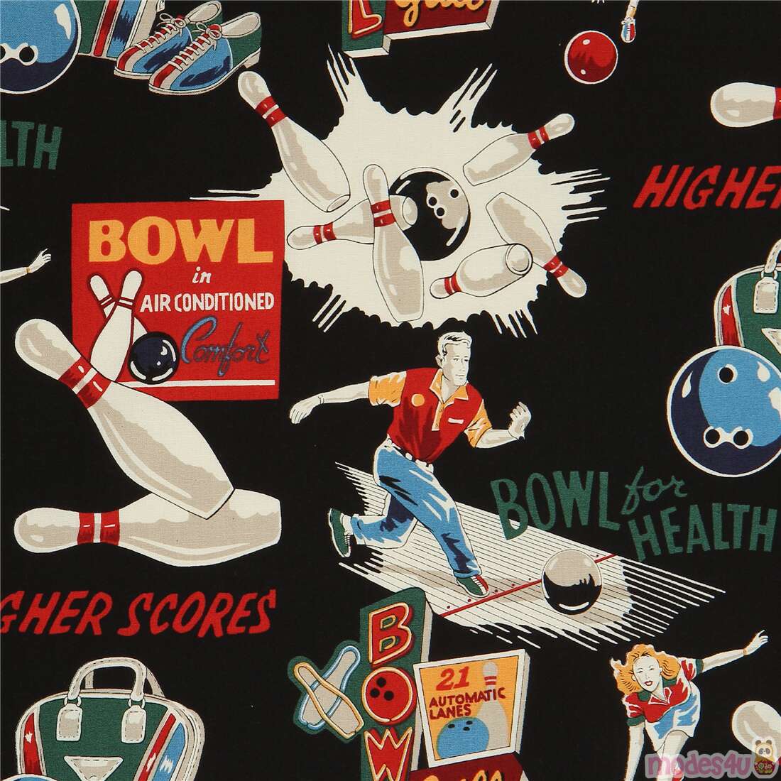 Tissu Alexander Henry rétro noir avec un jeu de bowling Fabric by ...