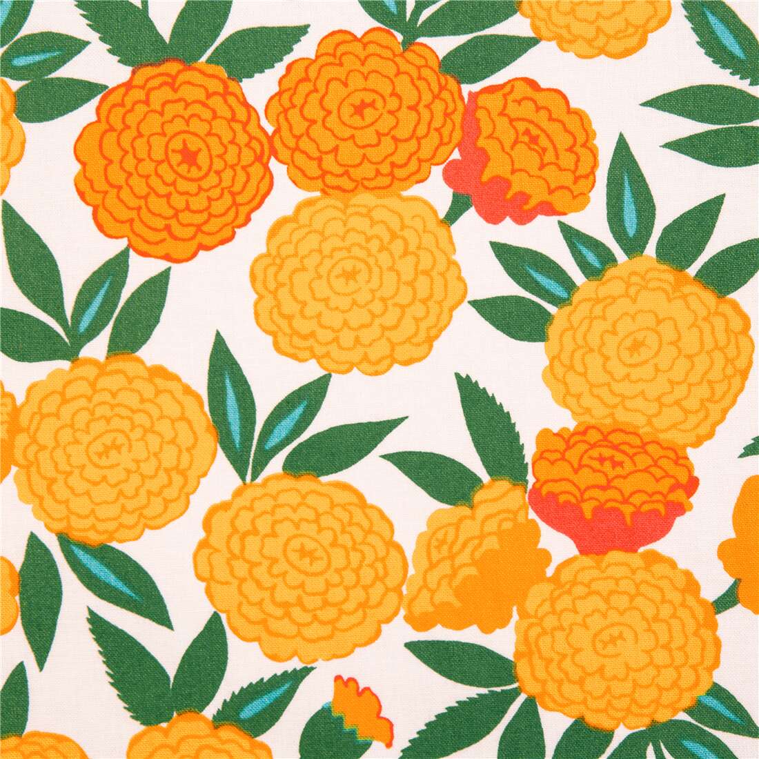 Alexander Henry white fabric with large marigold blooms in yellow and ...