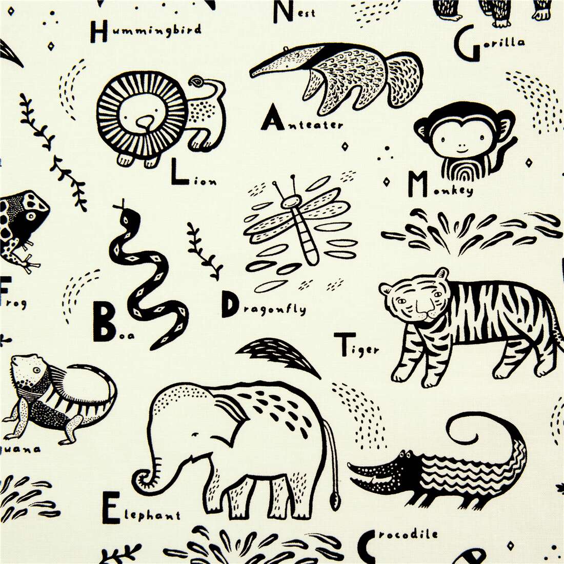 Alphabets Cute Monochrome Illustrated Animals Fabric by Dear Stella ...