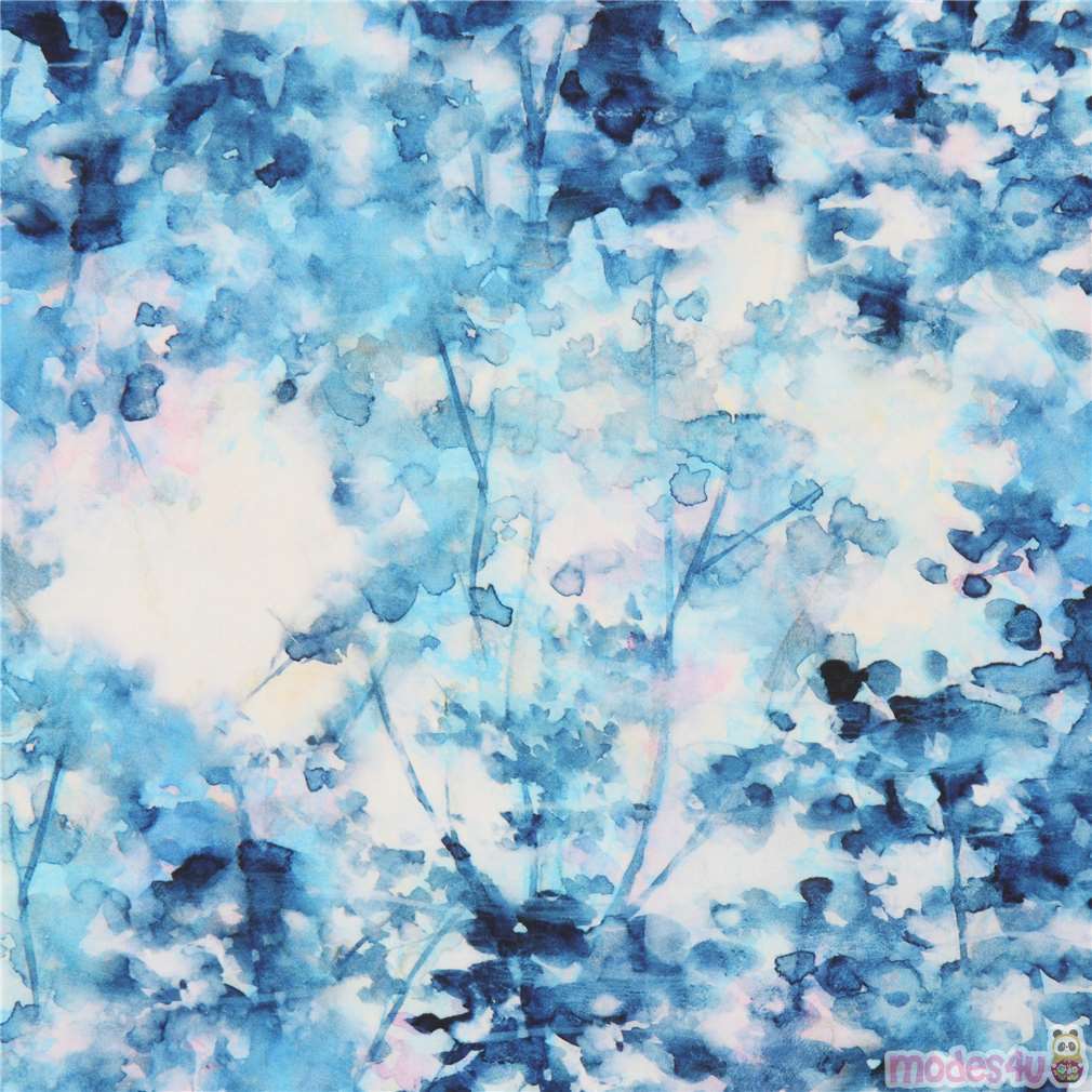 Ayano Ichiyanagi lawn fabric by Kokka with blue watercolor tree pattern ...