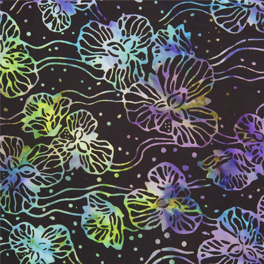 Tela batik negra con flores acuáticas azul verde violeta Fabric by ...