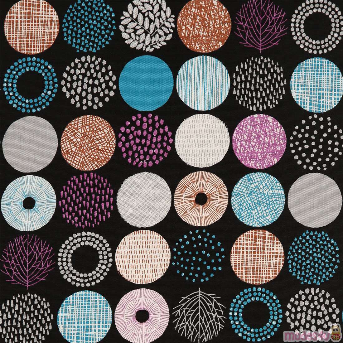 Black Cosmo circle shape oxford fabric turquoise pink orange Fabric by ...