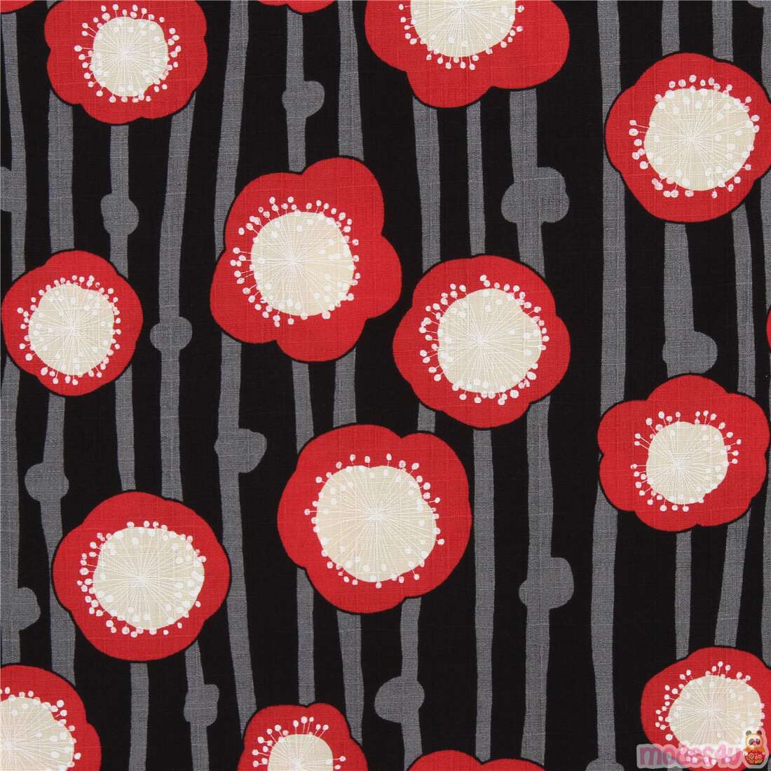 Black floral dobby fabric with grey stripes mini dots and red flowers ...