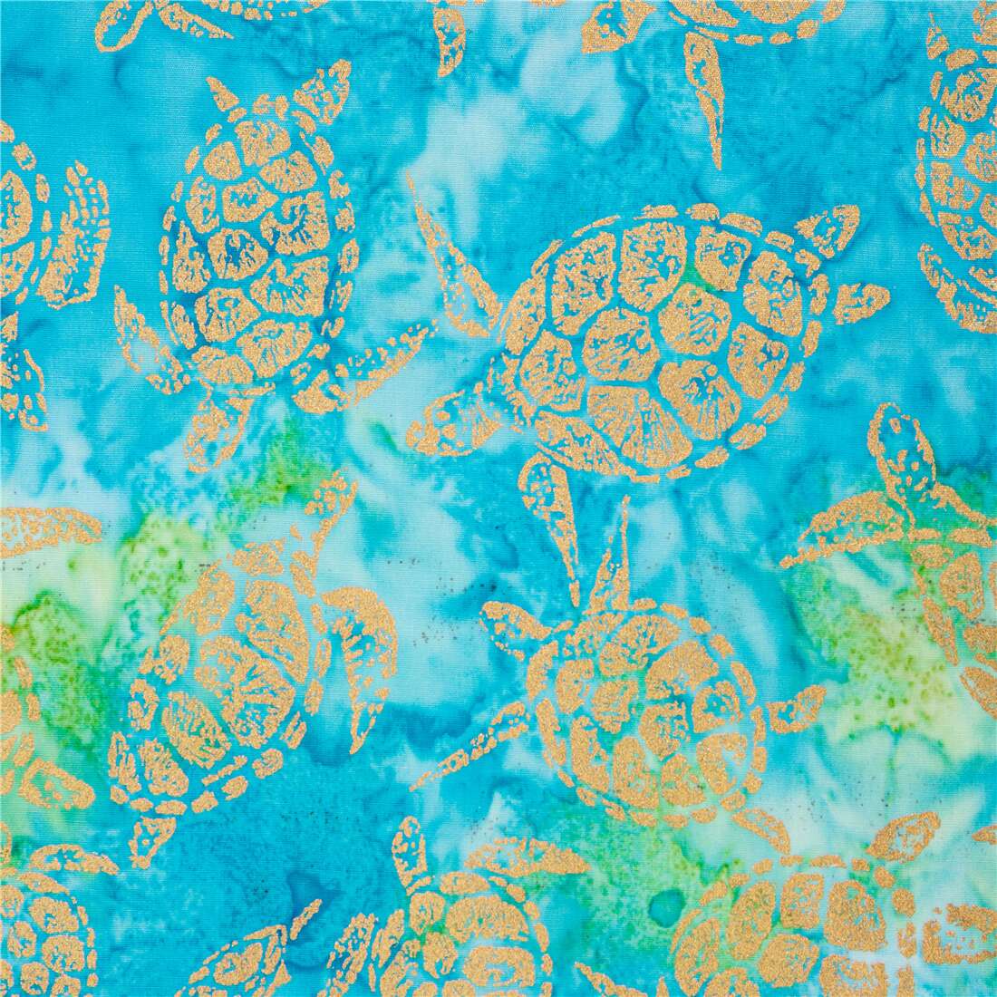 Blue batik cotton fabric gold metallic turtles Michael Miller Fabric by ...