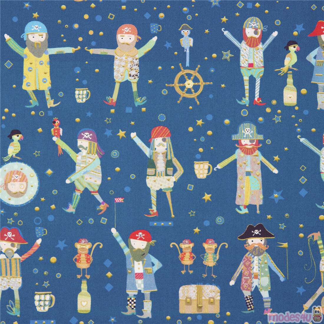 Blue pirates fabric cute illustrations with eyepatches Quilting ...