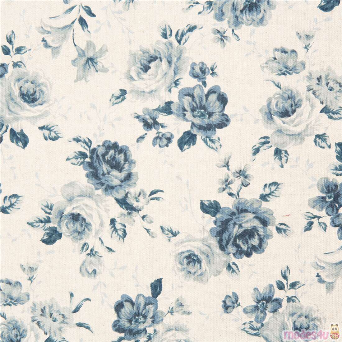 Blue roses and foliage on Natural Colour Canvas Fabric from Japan ...