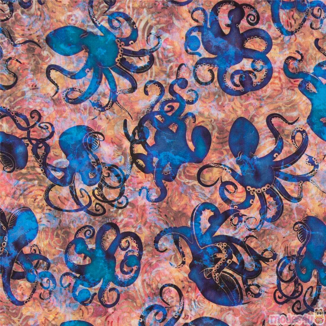 Brown rose batik fabric teal blue octopus Quilting Treasures Fabric by ...