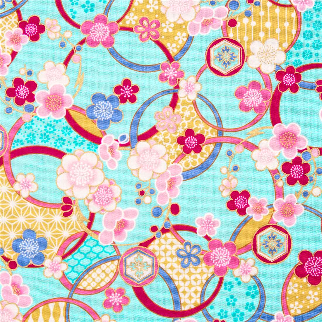 Circles sakura blossom pink blue fabric gold metallic detailing Fabric ...