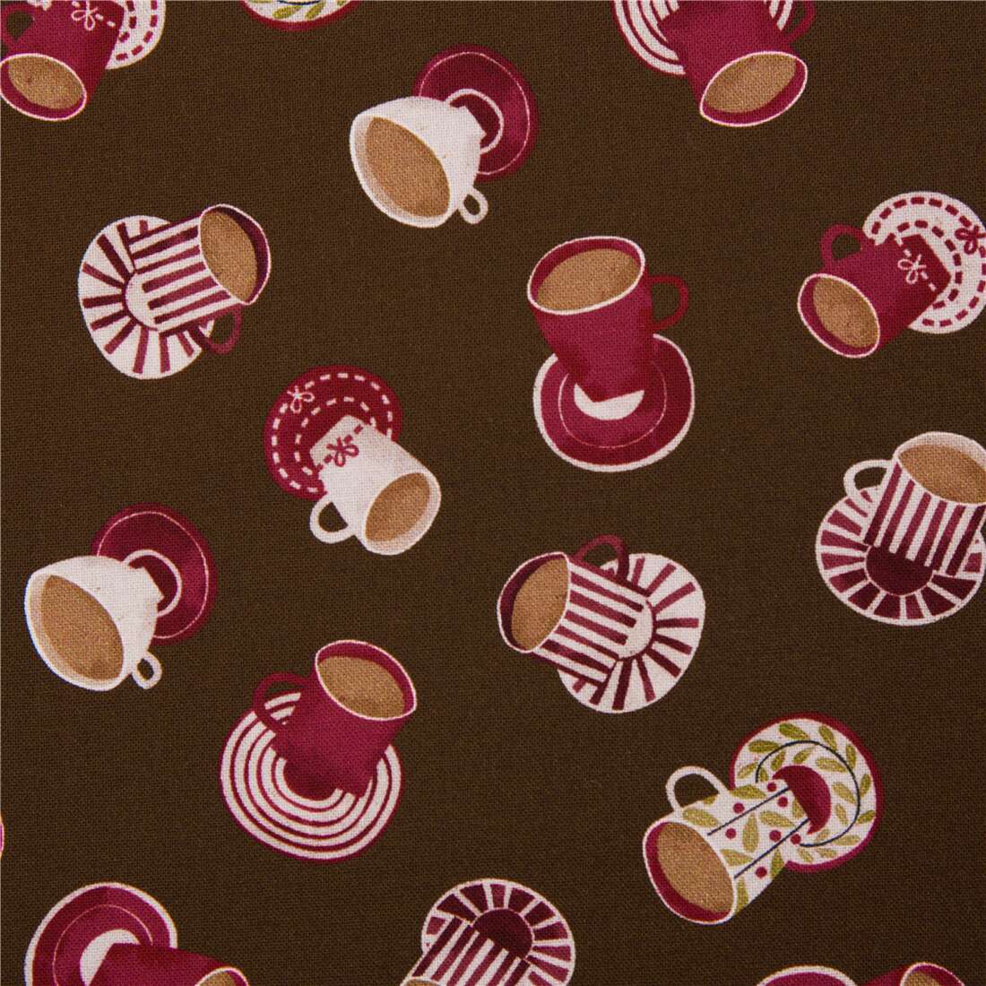 Tela de cafés lluvia de tazas y tazones rosas sobre marrón Fabric by ...