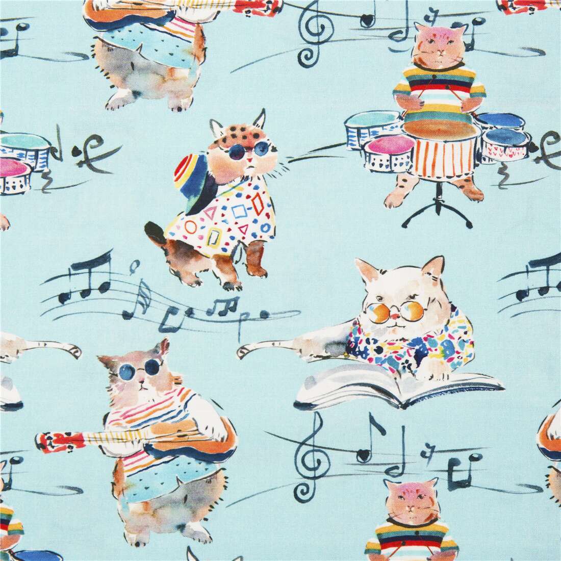 Colorful music cats notes Michael Miller blue cotton fabric Fabric by ...