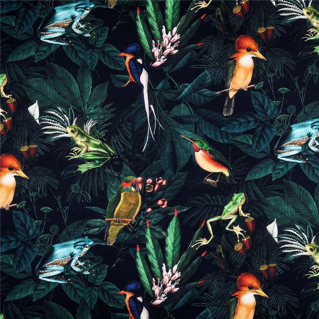 Resto de (19 x 140 cm) - Tela de algodón con follaje de ranas y pájaros ...