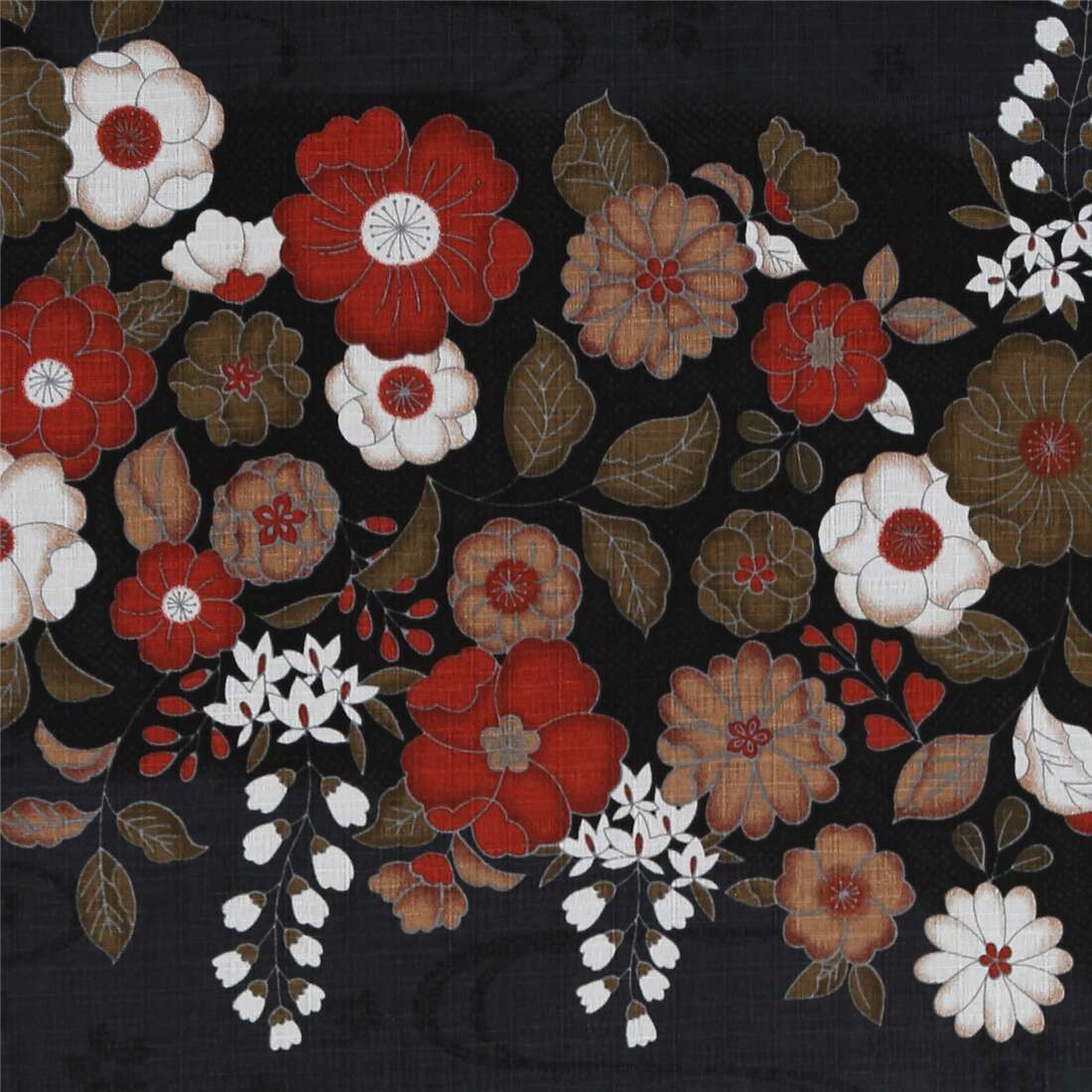 Remnant (40 x 112 cm) - Cosmo black Dobby fabric with brown florals ...