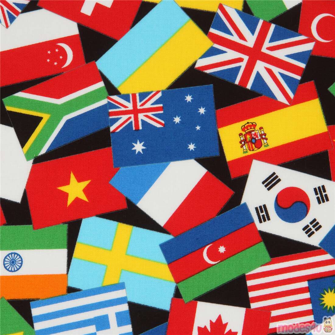 Cosmo black laminate fabric with colorful world flags Fabric by Cosmo ...