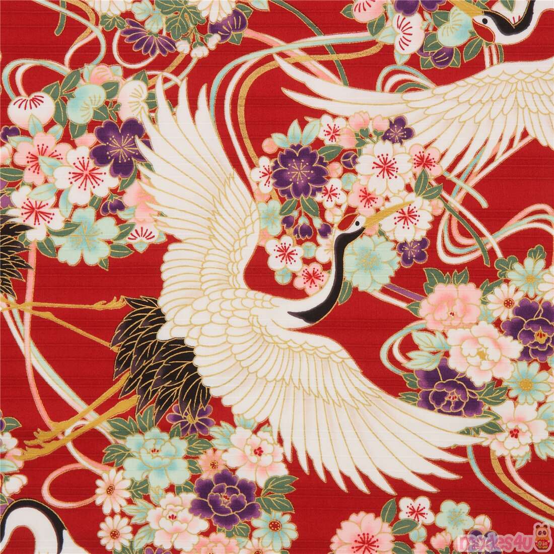 Cosmo metallic gold and red structured cotton satin crane fabric Fabric ...