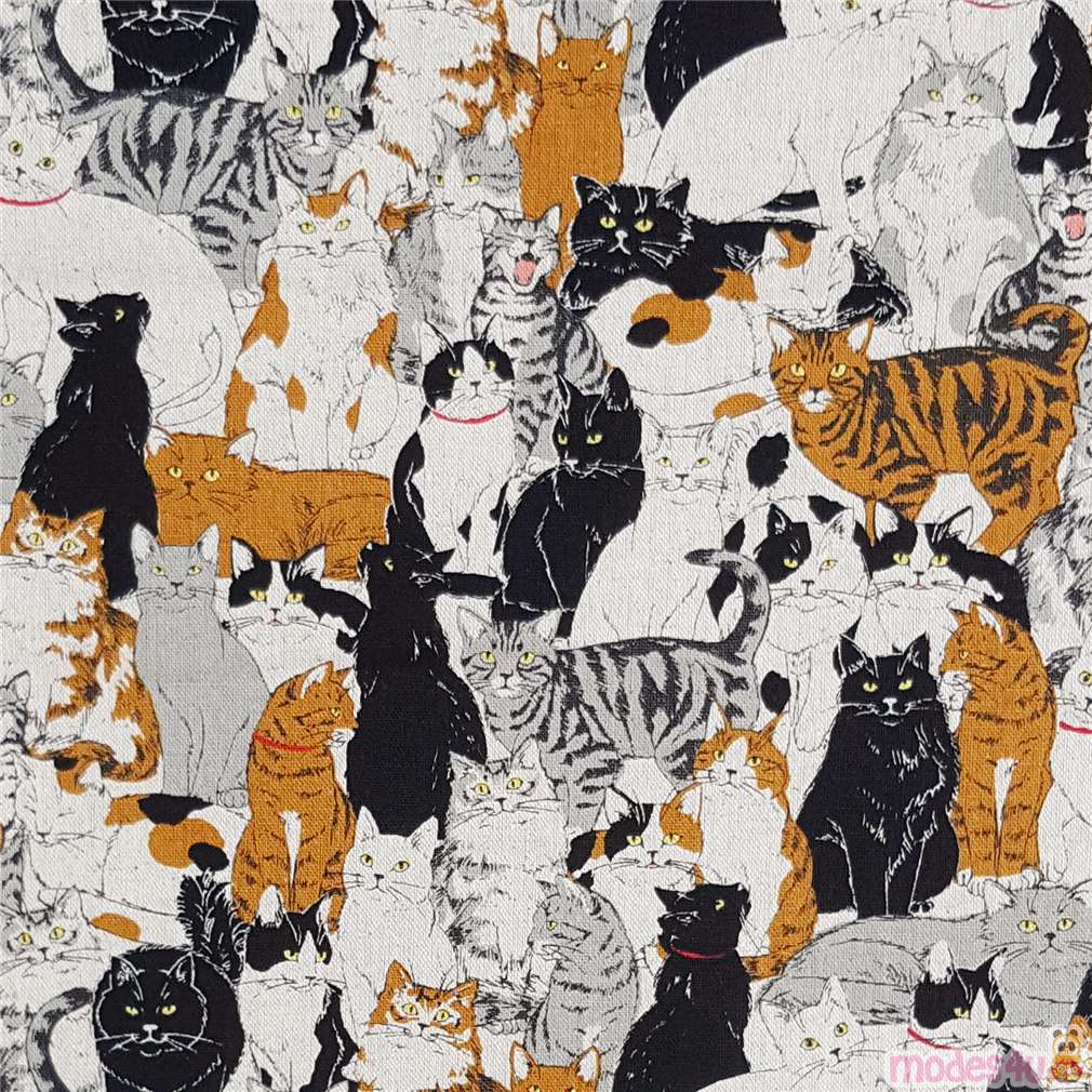 Cosmo natural color canvas fabric with packed cat pattern Fabric by ...