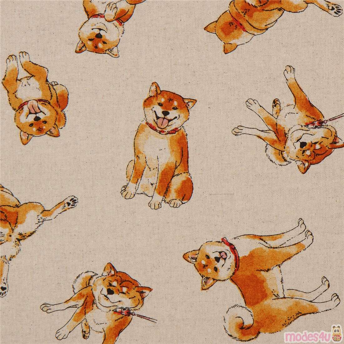 Cosmo natural color canvas fabric with tossed shiba inu pattern Fabric ...