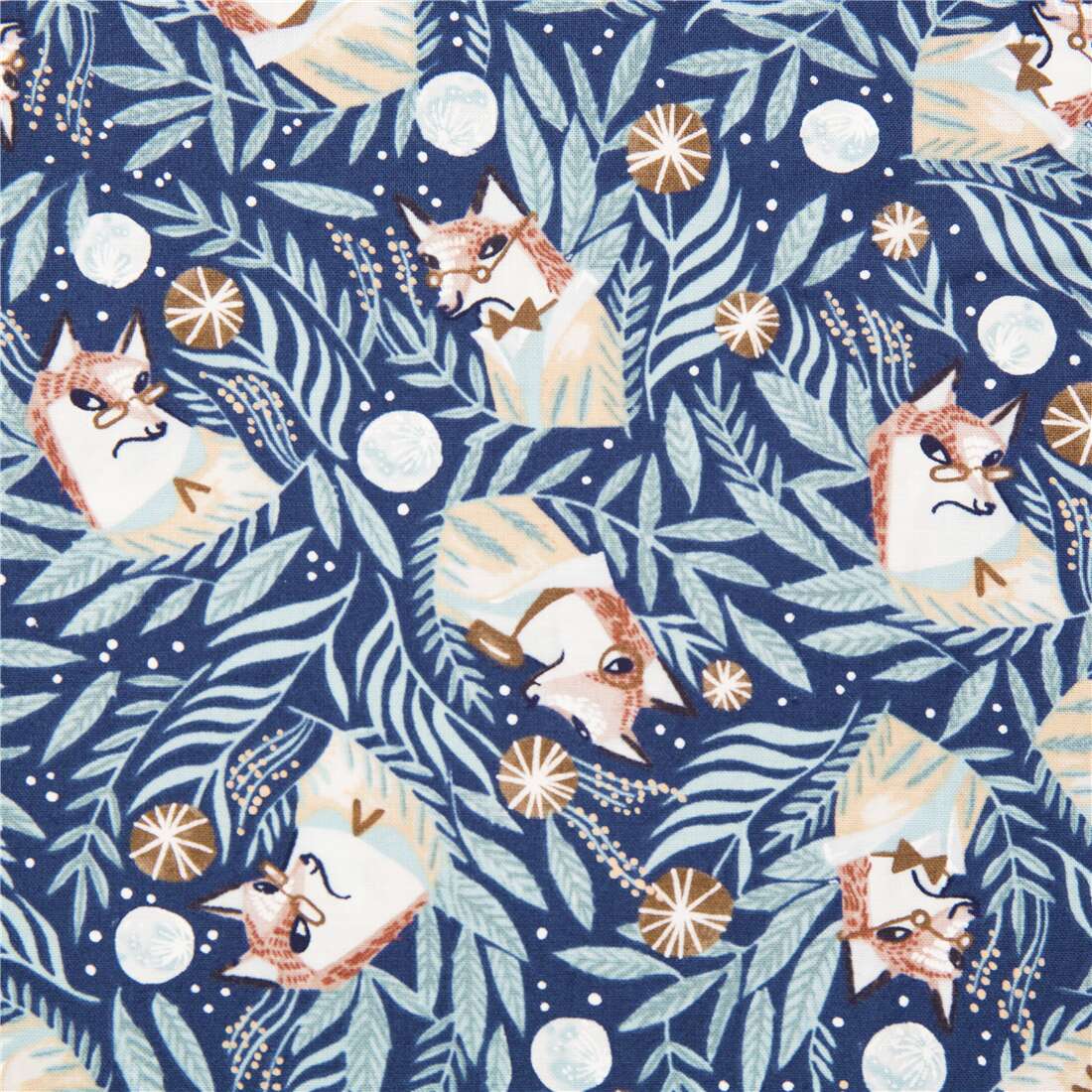 Fuchs mit Brille dunkelblauer Stoff mit Laub und Mond Fabric by Dear ...