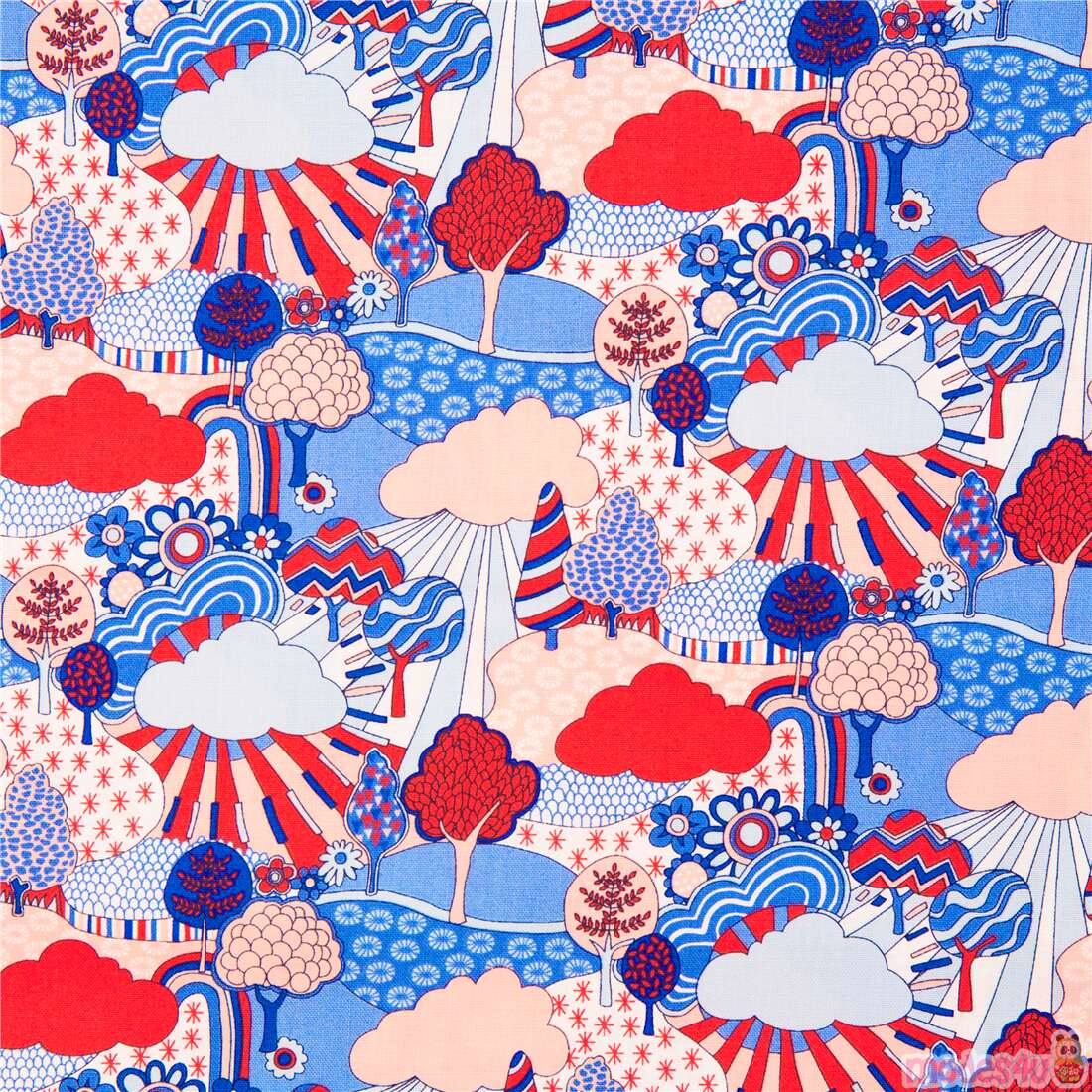Directional nature scene red blue white trees Liberty Fabrics Fabric by ...