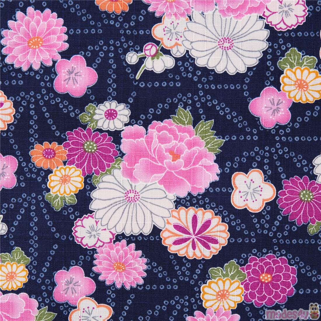 Dobby navy blue fabric asanoha pattern colorful flowers from Japan ...