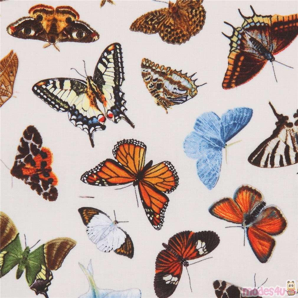 Elizabeth's Studio light cream fabric with butterflies and moths Fabric ...