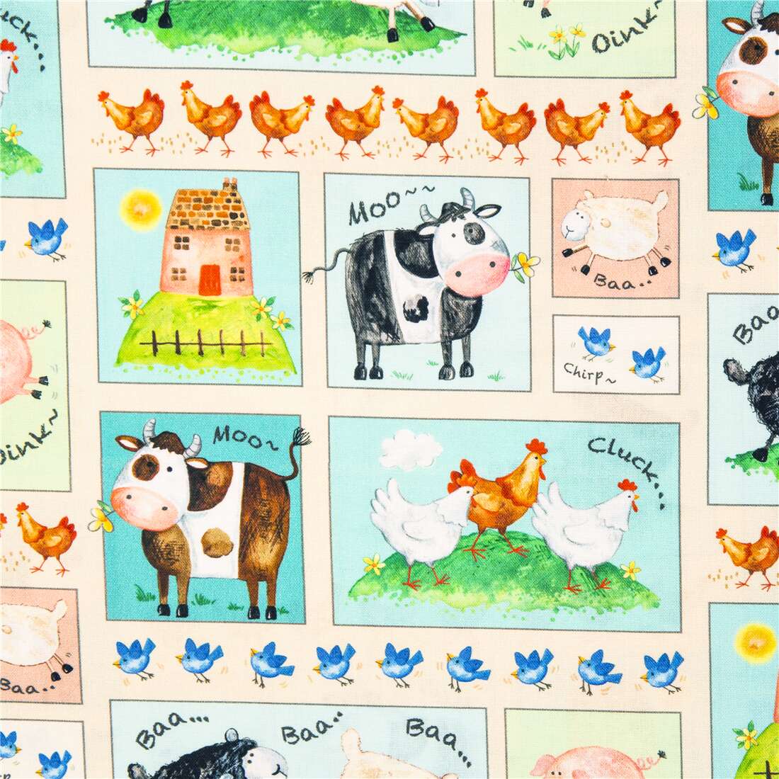 Farm animals white cotton fabric Michael Miller comic strips Fabric by ...