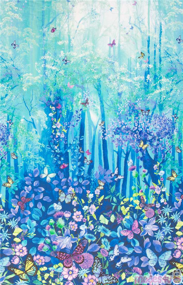 Forest flower butterfly blue panel fabric Timeless Treasure Fabric by ...