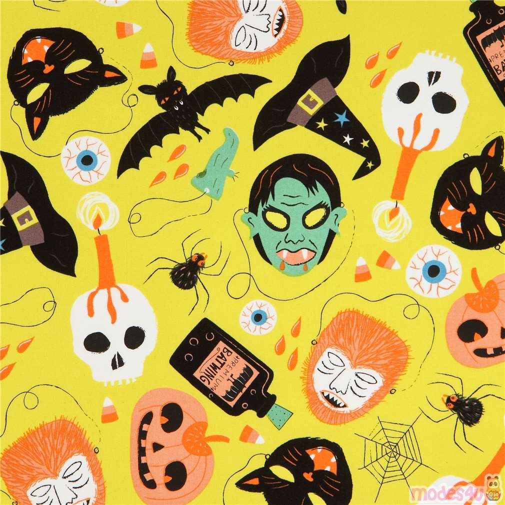 Halloween fabric with skulls and cats by Alexander Henry in chartreuse ...
