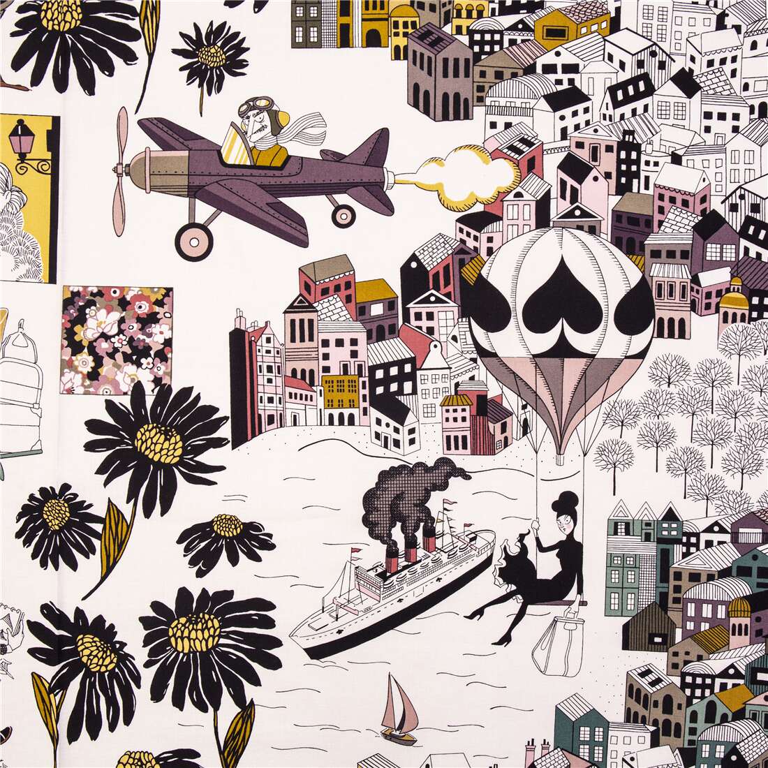 Tela blanca de algodón Halloween tren barco avión de Alexander Henry ...