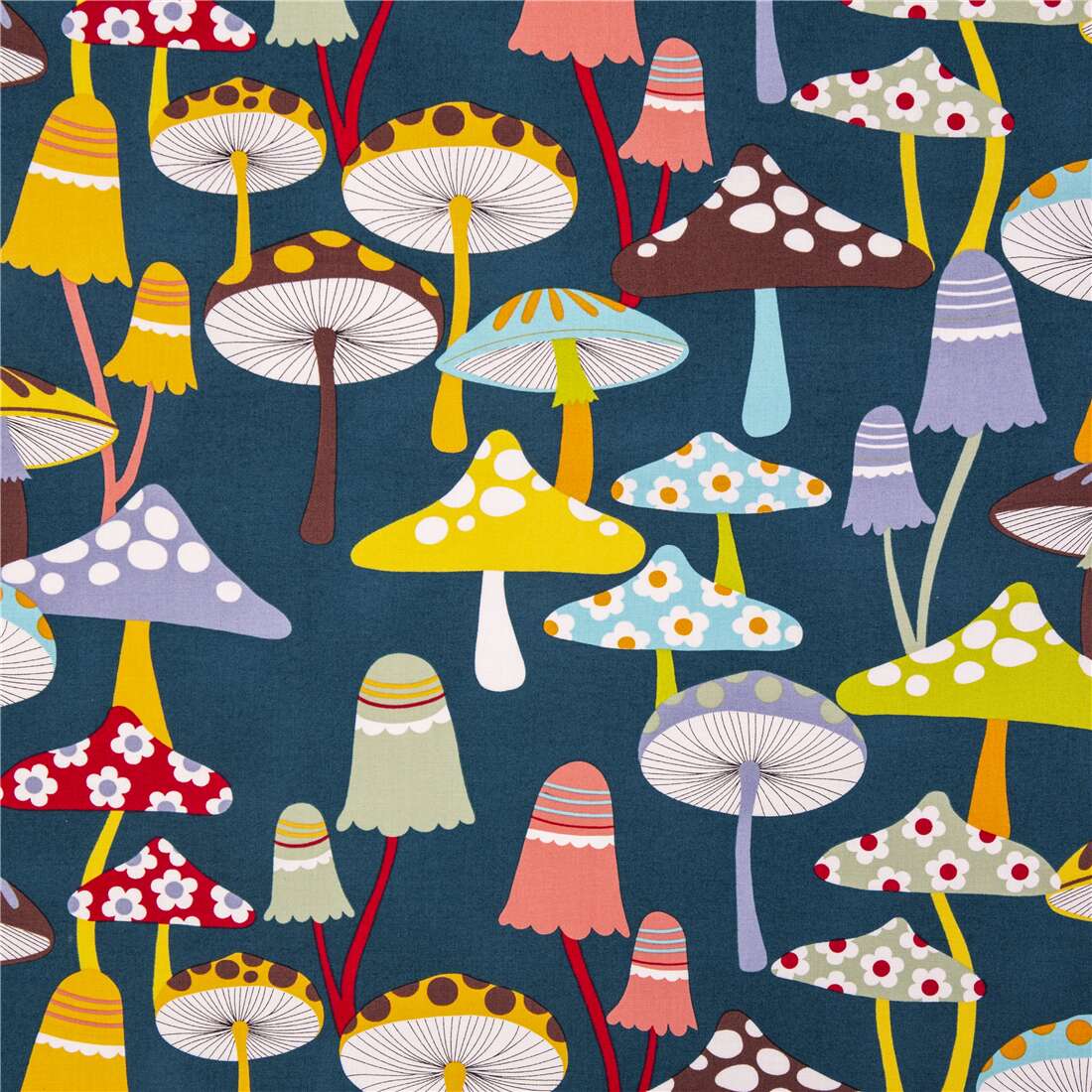 Harvest Mushroom US teal cotton fabric Alexander Henry rainbow Fabric ...