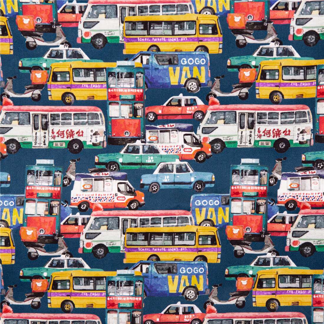 Hong Kong Traffic jam fabric red taxi Minibus Gogo Van school bus ...