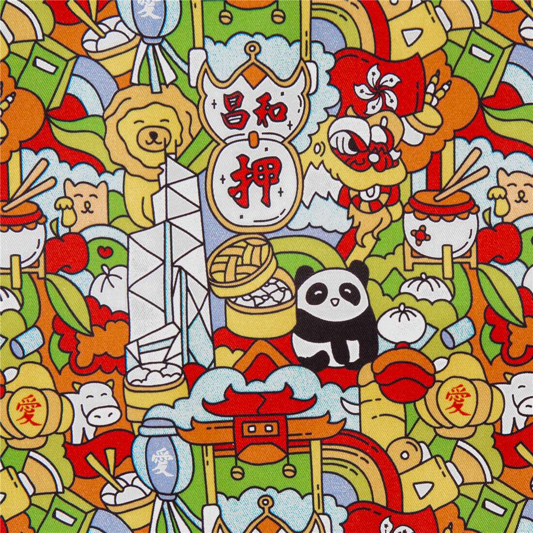 Hong Kong colourful fabric doodles popular landmarks cultural Fabric by ...