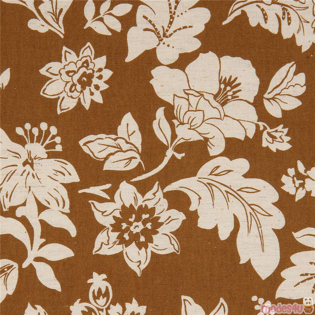 Japanese brown cotton-linen fabric with Jacobean flowers by Japanese ...