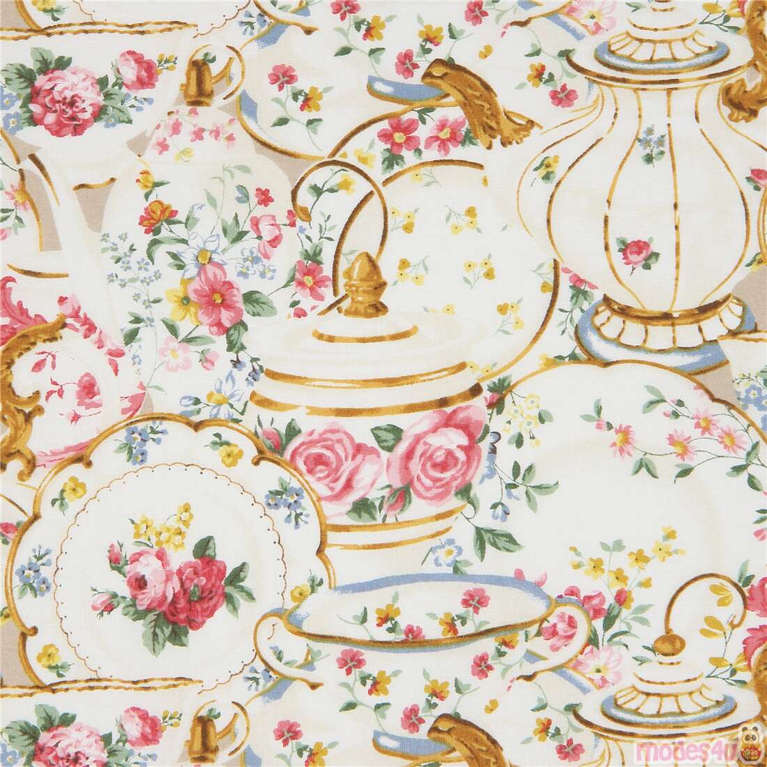 Japanese colorful vintage tea pot cup lawn fabric Fabric by Japanese ...