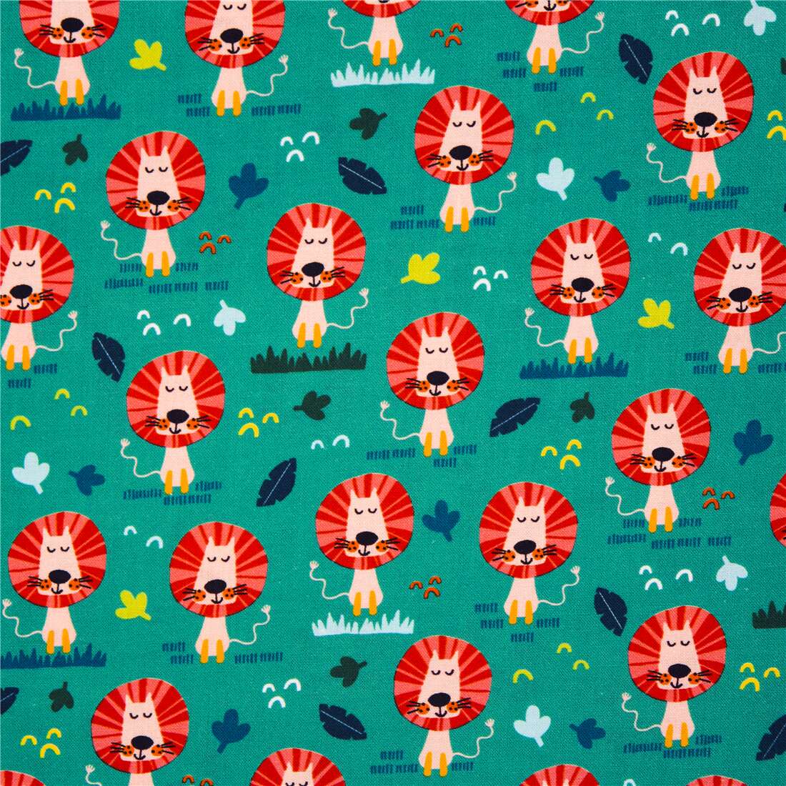 Jungle safari teal cotton fabric Michael Miller red mane lions Fabric ...
