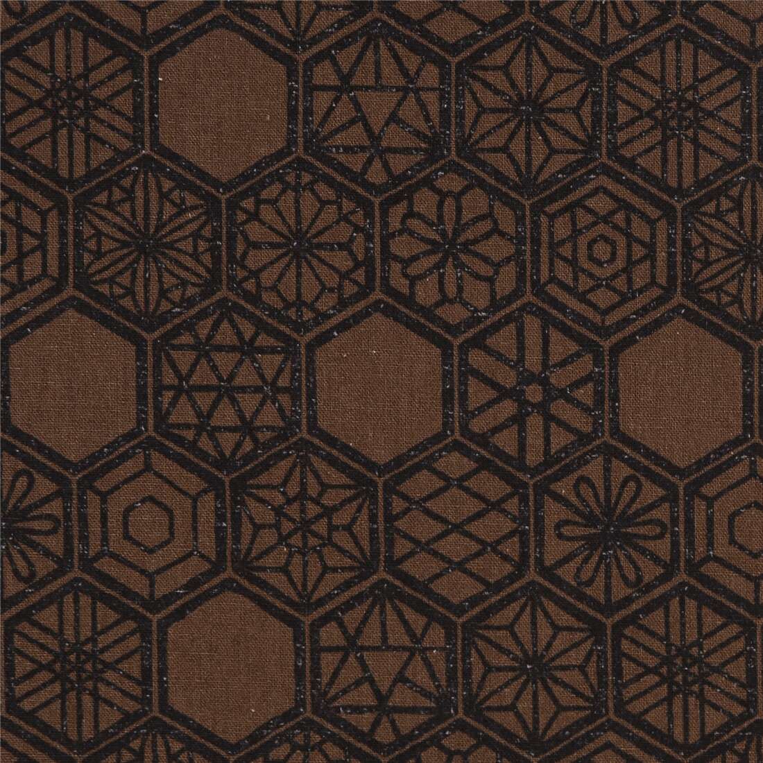 Kokka brown hexagon canvas fabric with black floral and lines Fabric by ...