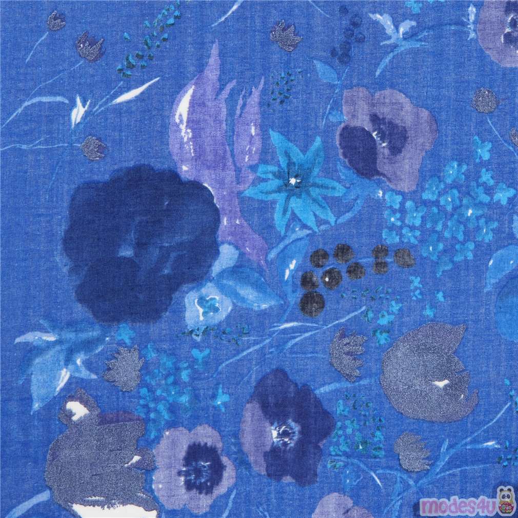 Kokka double gauze dark blue flower metallic nani iro fabric Fabric by ...