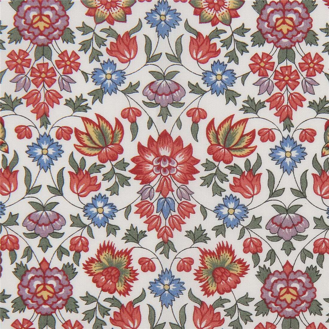 Liberty Fabrics Tana Lawn off-white blue red Jacobean flower cotton ...