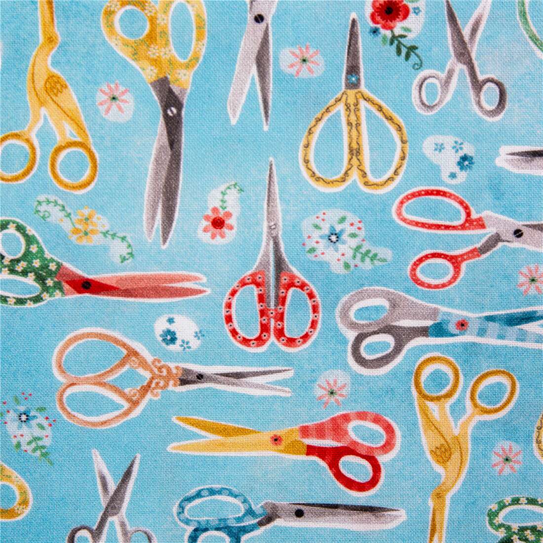 Colourful Sewing Scissors and Mini Flowers Fabric by Michael Miller ...