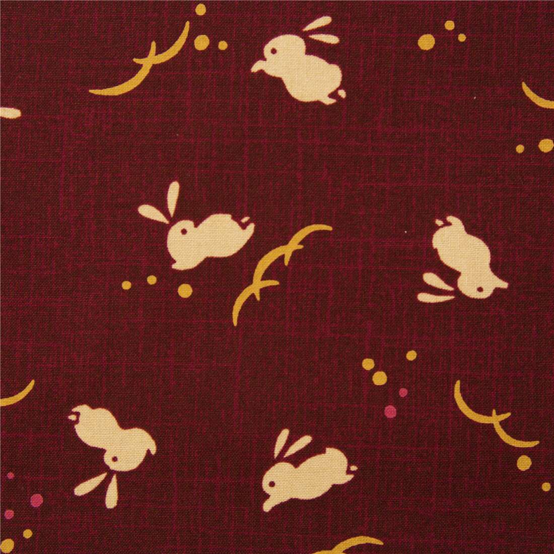 Maroon Cotton cotton fabric with bunnies yellow red accents from Japan ...