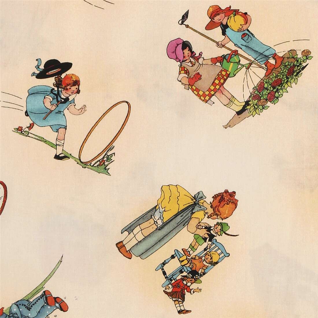 Michael Miller beige cotton fabric children trains hula hoop dolls ...