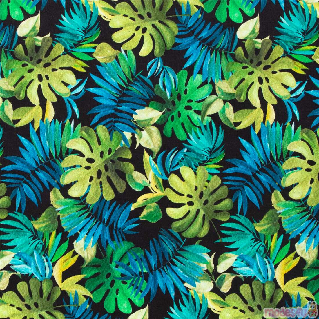 Michael Miller black cotton fabric monstera and palm green leaves ...