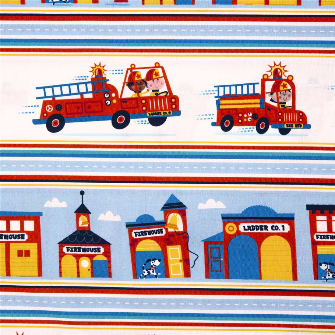 To the Rescue Fire Trucks Stripes Fabric by Michael Miller - modes4u