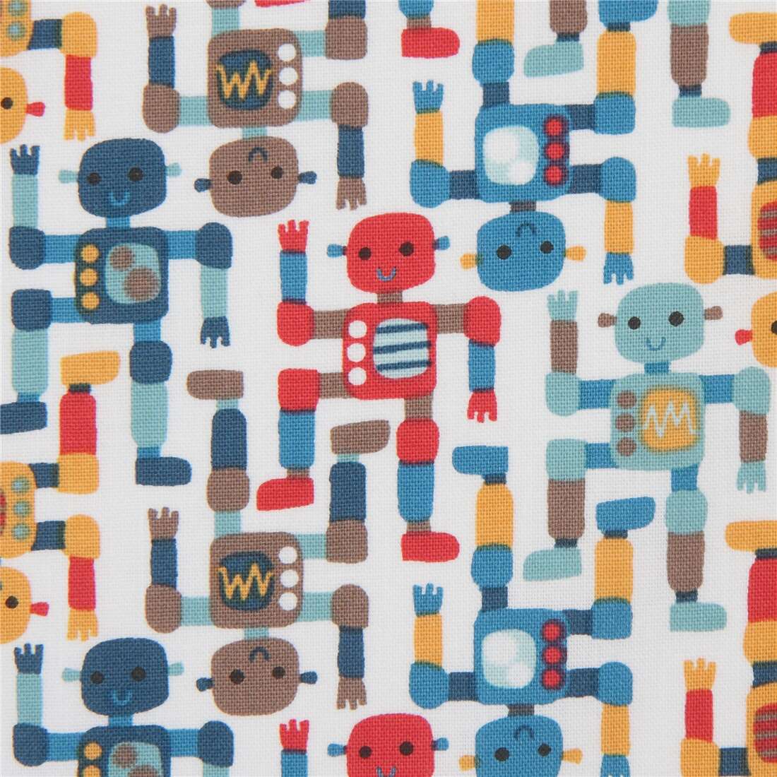 Michael Miller fabric in white with colorful robots Fabric by Michael ...
