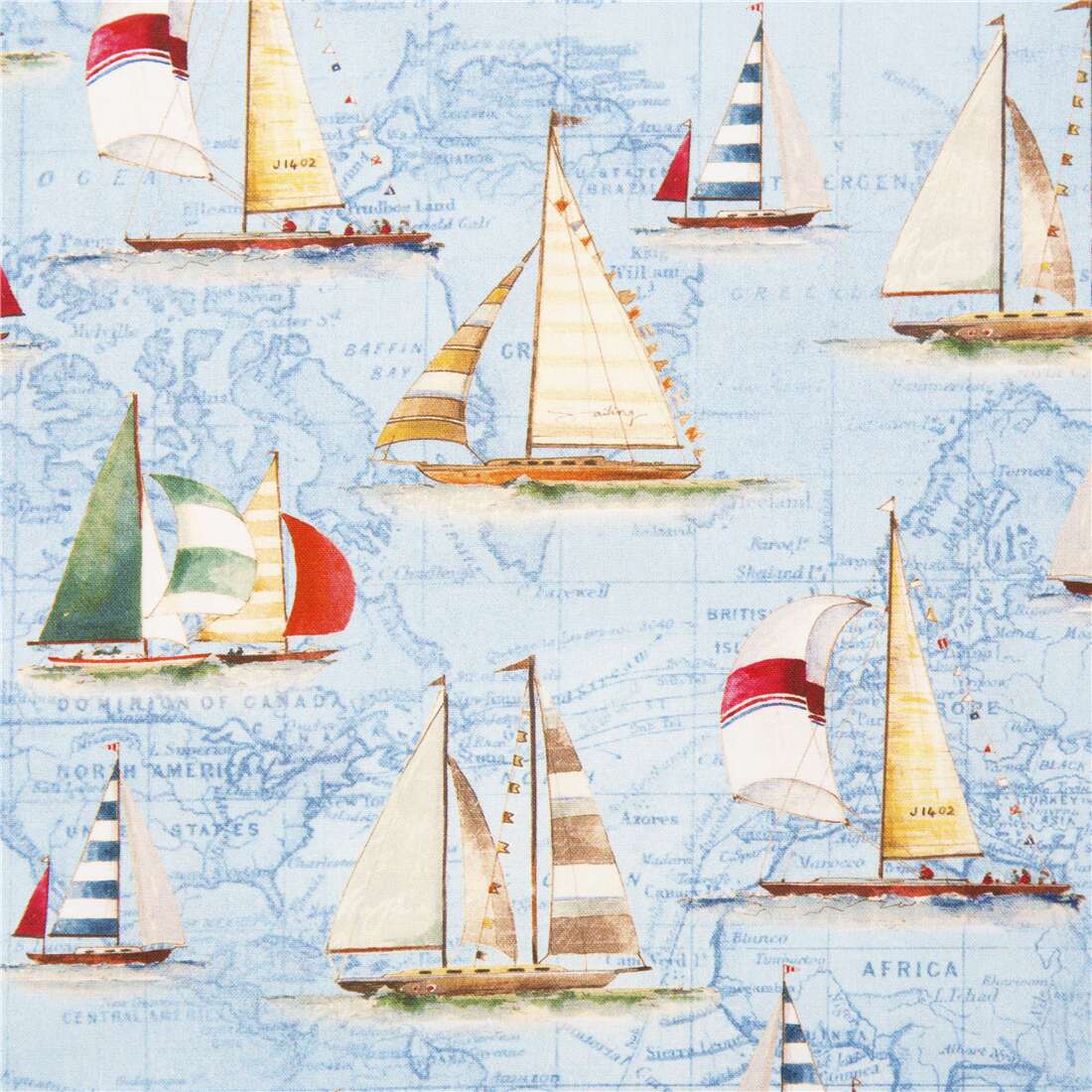 Michael Miller sailboats ocean map nautical theme blue cotton fabric ...
