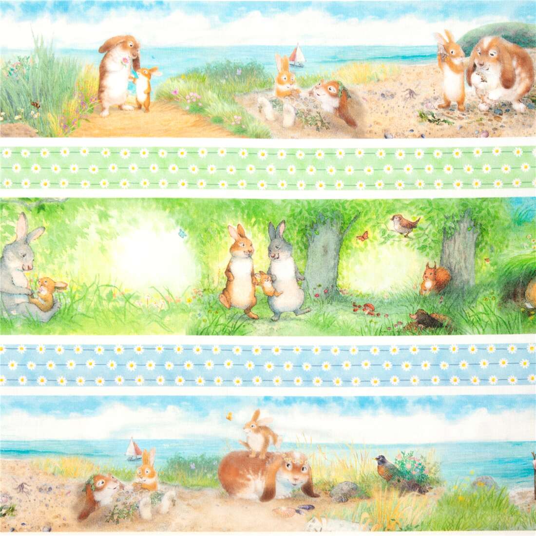 Michael Miller stripe fabric with bunny rabbit family and flower design ...