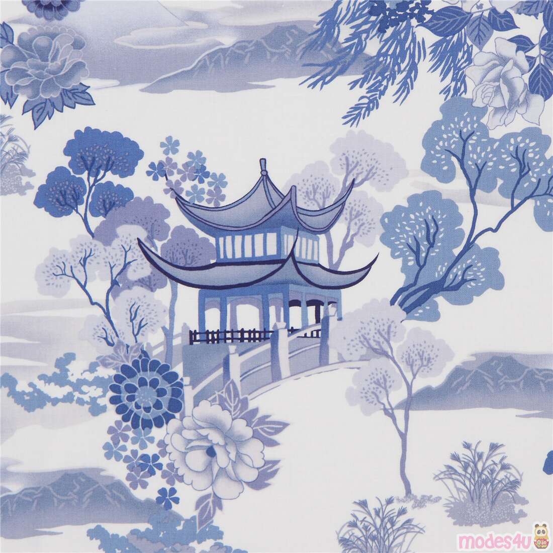Michael Miller white and blue Japanese pagoda fabric with peony flowers ...