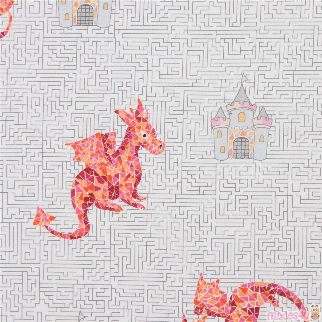 Michael Miller white fairy tale maze fabric with dragons and castles ...