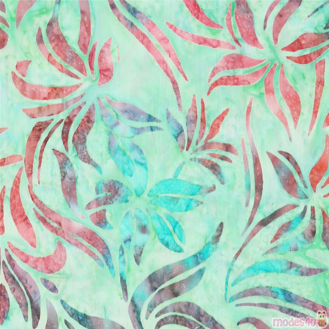 Mint green batik cotton fabric red flower leaf Robert Kaufman Fabric by ...
