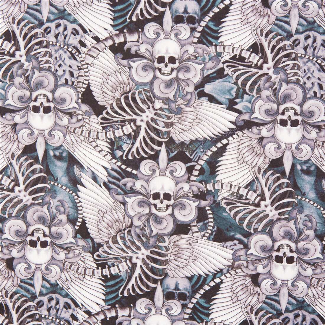 Monochrome Timeless Treasures fabric with ribcage and skulls Fabric by ...